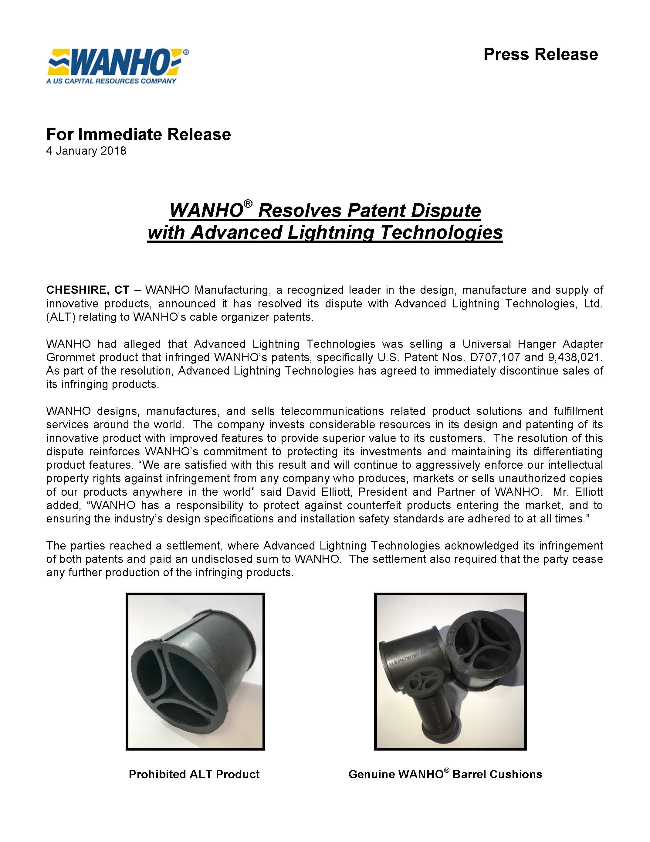 Wanho :: WANHO Resolves Patent Dispute